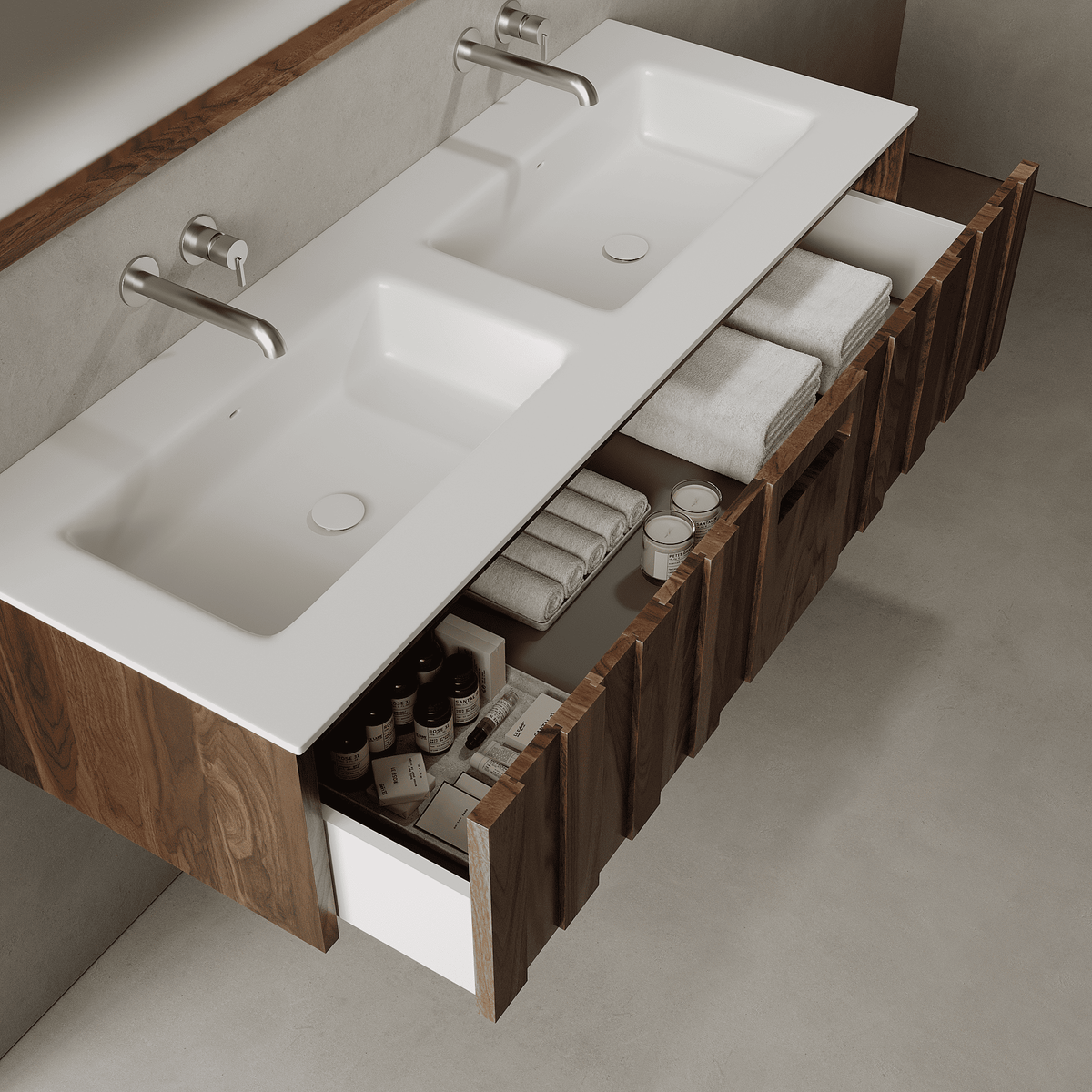 Calvera Real Walnut 1400mm Vanity Unit - Single Drawer with Double ...