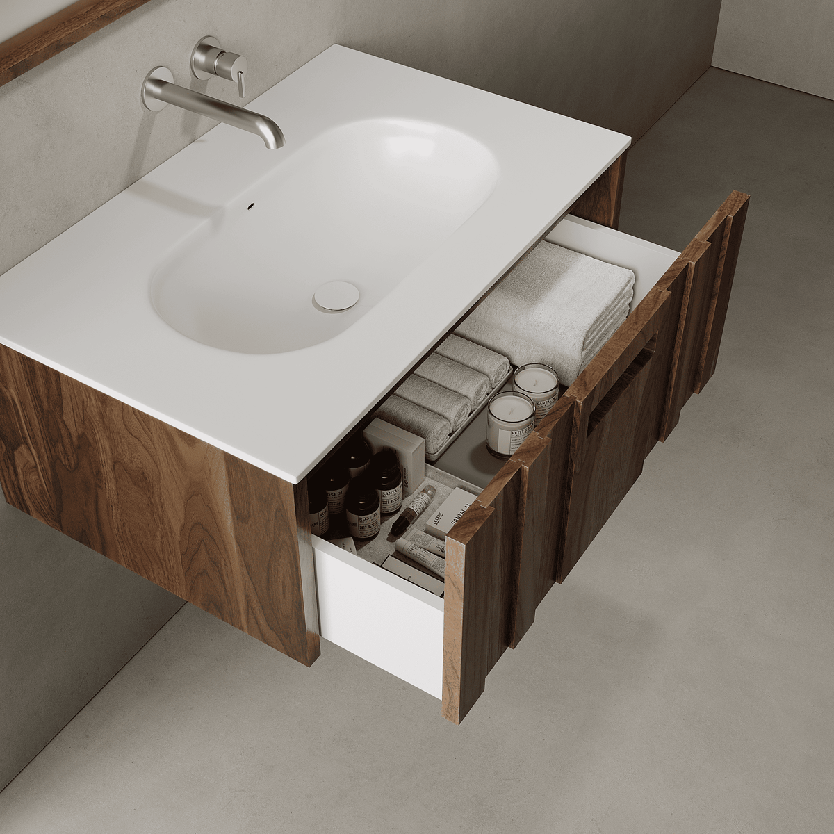 Calvera Real Walnut 800mm Single Vanity Unit | Hansel Stone